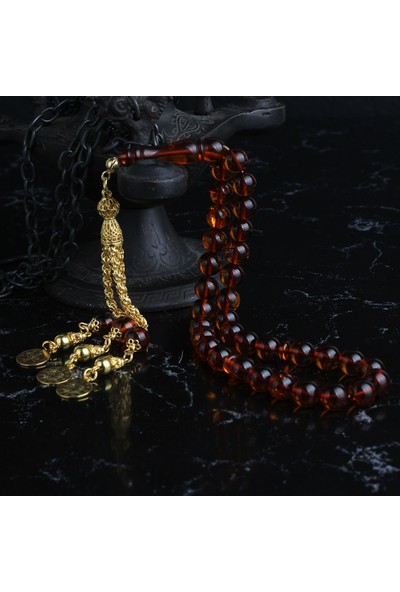 İpek Silver Altın Kaplama Gümüş Püsküllü Orjinal Damla Kehribar Tesbih