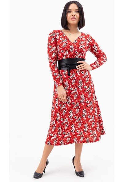 Kadın Kırmızı-Beyaz Kalın Kuşaklı Kruvaze Yaka Çiçek Desenli Krep Elbise - KAD3325574