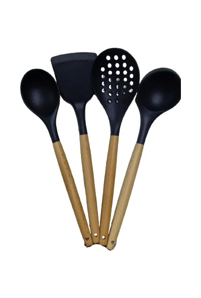 Kosova 4'lü Bambu Saplı Silikon Kepçe Takımı Kosova 4'lü Bambu Saplı Silikon Kepçe Takımı