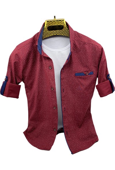 Erkek Likralı Katlama Kol Pamuk Kumaş Slim Fit Kesim Gömlek