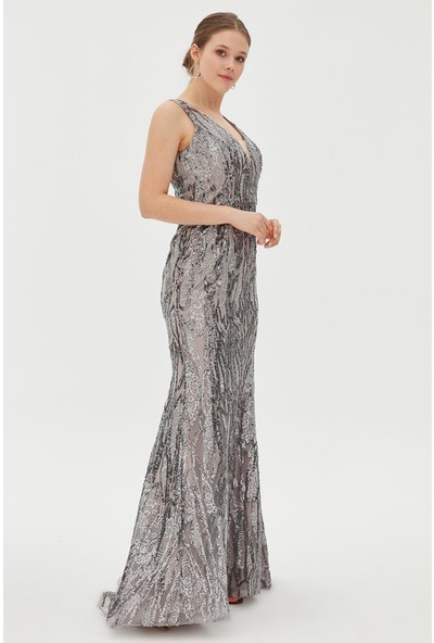Tiara Kadın Payetli Askılı Uzun Abiye Elbise 5946141 Gri