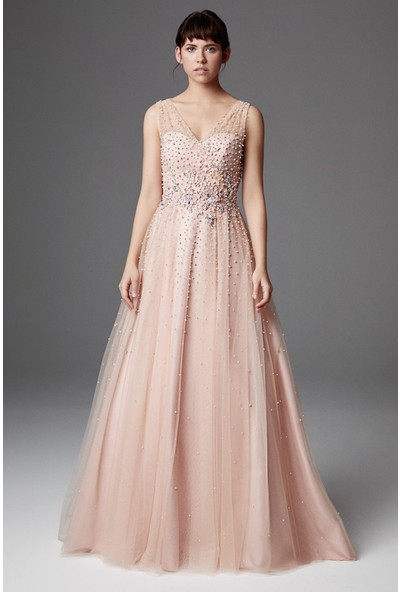Tiara Kadın Tül Detaylı Inci Işlemeli Abiye Elbise 5946170 Pudra