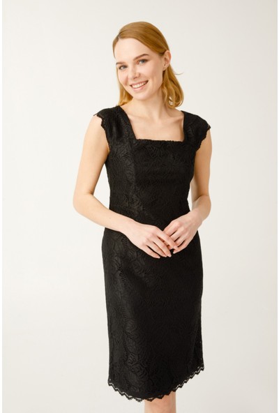 Ekol Kadın Kare Yaka Güpür Elbise 6054124 Siyah