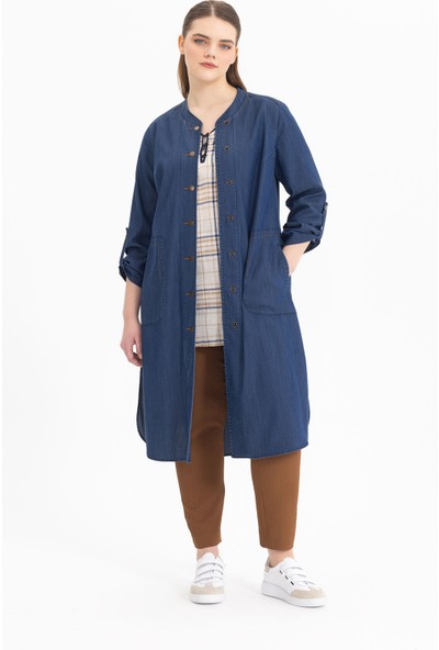 Galaxi Kadın Büyük Beden Çıt Çıt Düğmeli Hakim Yaka Jean Kap 3051003 Indigo
