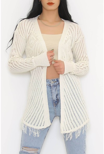 Bkmc Altı Püsküllü Hırka Beyaz