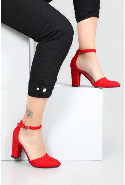 Carla Bella Bilekten Bantlı 9 cm Topuklu Kırmızı Süet Kadın Ayakkabı Mira