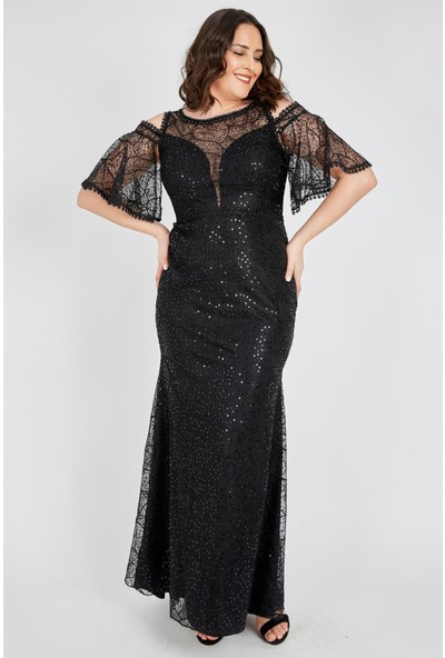 Ladies First Büyük Beden 3448 Siyah Kısa Abiye Elbise