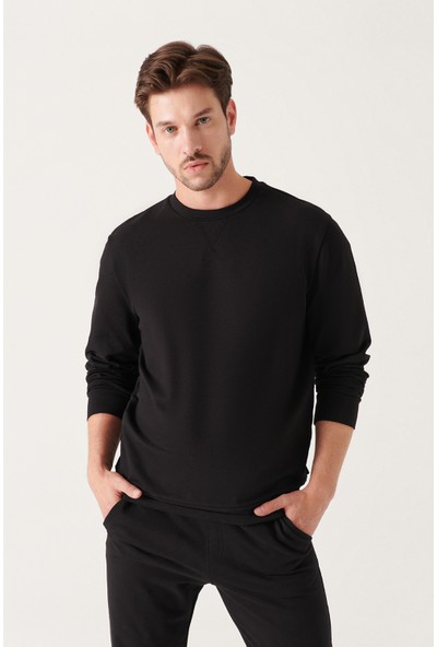 AVVA Erkek Siyah Bisiklet Yaka Düz Sweatshirt E001200