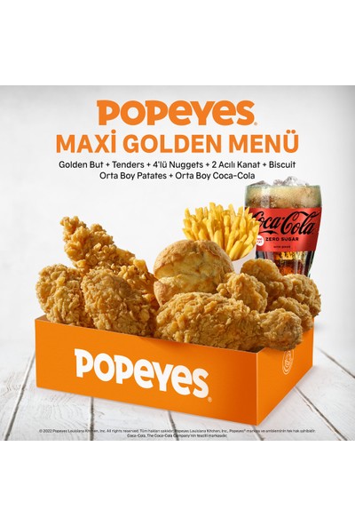 Popeyes Maxi Golden Menu (Golden But + Tenders + 4'lü Nuggets + 2 Acılı Kanat + Biscuit + Orta Boy Patates + Orta Boy Coca-Cola)(Gel-Al Serviste Geçerlidir) Popeyes Maxi Golden Menu (Golden But + Tenders + 4'lü Nuggets + 2 Acılı Kanat + Biscuit + Orta Boy Patates + Orta Boy Coca-Cola)(Gel-Al Serviste Geçerlidir)