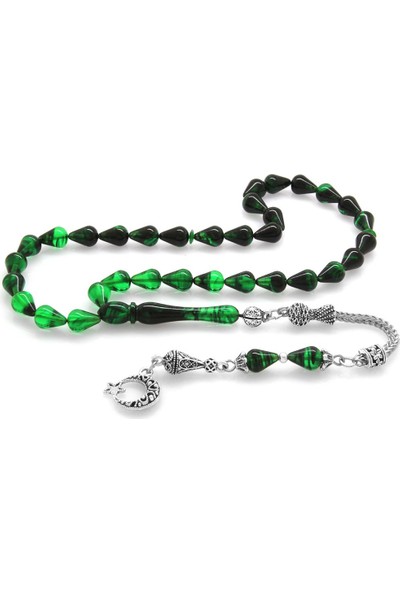Nipora Ayyıldız Kararmaz Metal Püsküllü Damla Kesim Süzme Yeşil-Siyah Ateş Kehribar Tesbih