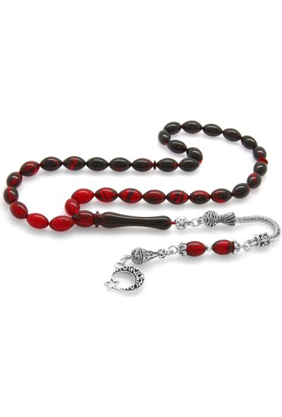 Nipora Ayyıldız Kararmaz Metal Püsküllü Arpa Kesim Süzme Kırmızı-Siyah Ateş Kehribar Tesbih