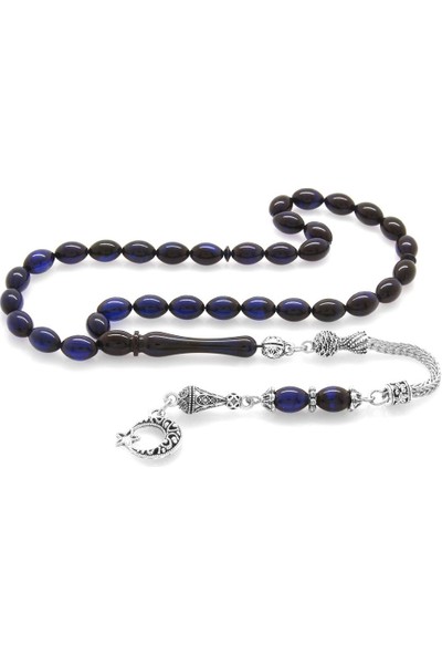 Nipora Ayyıldız Kararmaz Metal Püsküllü Arpa Kesim Süzme Mavi-Siyah Sıkma Kehribar Tesbih