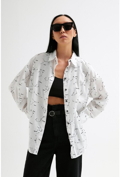 Geometrik Desenli Keten Salaş Gömlek