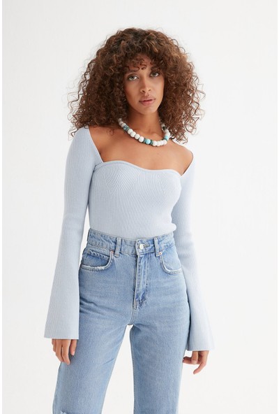 Ispanyol Kol Crop Triko Bluz Ispanyol Kol Crop Triko Bluz