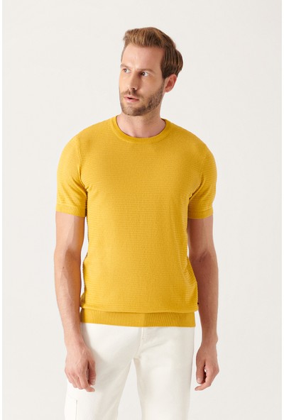 AVVA Erkek Hardal Bisiklet Yaka Jakarlı Kısa Kol Kazak A21Y5023