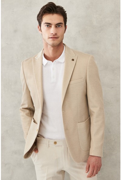 Altınyıldız Classıcs Erkek Bej Slim Fit Dar Kesim Kırlangıç Yaka Desenli Casual Ceket