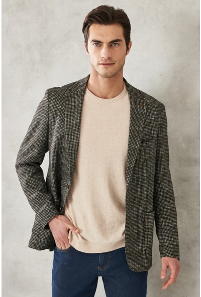 Slim Fit Dar Kesim Mono Yaka Desenli Ceket