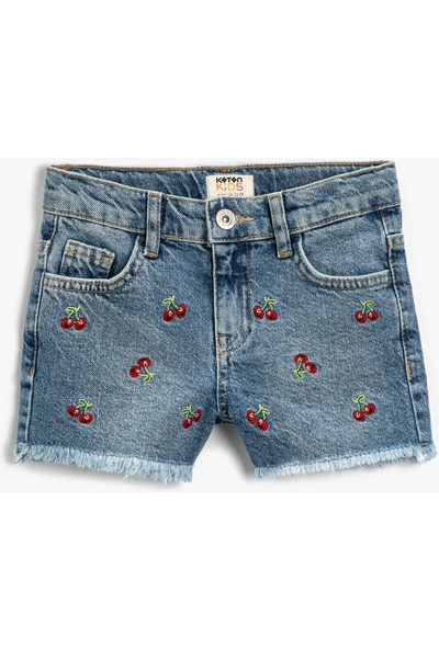 Koton Kız Çocuk Kiraz İşlemeli Mini Kot Şort Pamuklu