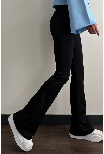 Amazoons Kadın Siyah Ispanyol Paça Fitilli Ekstra Yüksek Bel Toparlayıcı Tayt