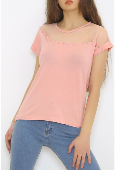 Tül ve Incili Bluz Pudra