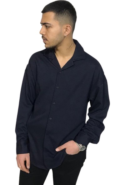 Rocqerx Lacivert Unisex Oversize Düz Renk Açık Yaka Mevsimlik Gömlek Basic