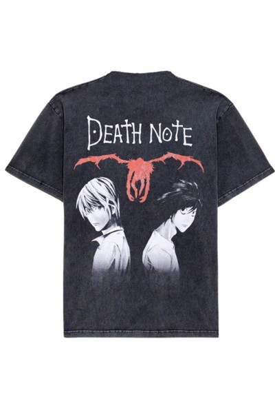 Lucky Boy Yıkamalı Siyah Unisex Oversize %100 Pamuk Sırt Baskılı Anime T-Shirt Death Note Flyin'