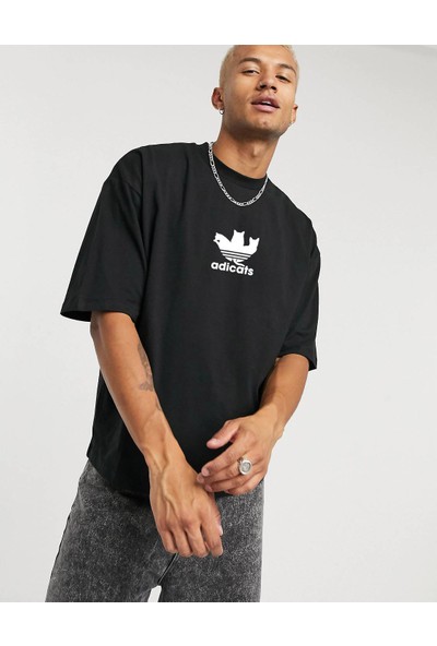 Okeanox Unisex Adicats Baskılı Siyah Oversize Tshirt