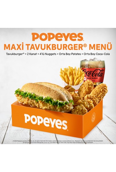Popeyes Maxi Tavukbuger Menu (Tavukburger + 2 Kanat + 4'lü Nuggets + Orta Boy Patates + Orta Boy Coca-Cola)(Gel-Al Serviste Geçerlidir) Popeyes Maxi Tavukbuger Menu (Tavukburger + 2 Kanat + 4'lü Nuggets + Orta Boy Patates + Orta Boy Coca-Cola)(Gel-Al Serviste Geçerlidir)