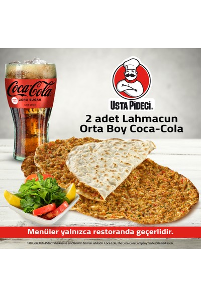 Usta Pideci 2 Lahmacun + Orta Boy Coca-Cola (Gel-Al Serviste Geçerlidir) Usta Pideci 2 Lahmacun + Orta Boy Coca-Cola (Gel-Al Serviste Geçerlidir)