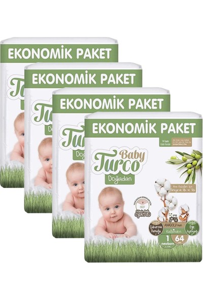 Baby Turco Doğadan 1 Beden Yenidoğan 64X4 256'LI Bebek Bezi Baby Turco Doğadan 1 Beden Yenidoğan 64X4 256'LI Bebek Bezi