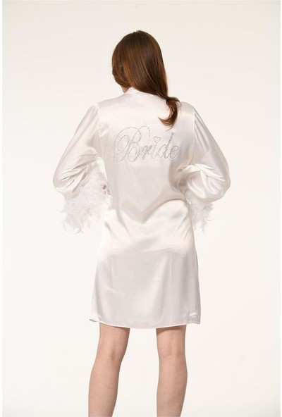 Saten Kol Tüylü Bride Sabahlık