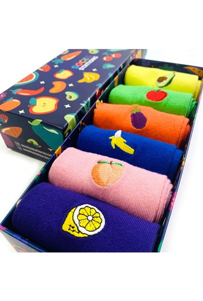 Socks Stations Desenli Çorap ve Renkli Çorap Kutusu Patik Çorap-Nakışlı Çorap-Meyveli Çorap 6'lı Çorap Seti