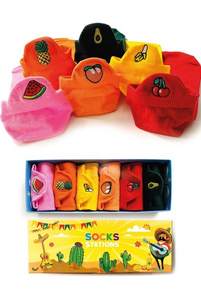 Socks Stations Desenli Çorap ve Renkli Çorap Kutusu Patik Çorap-Nakışlı Çorap-Meyveli Çorap 6'lı Çorap Seti