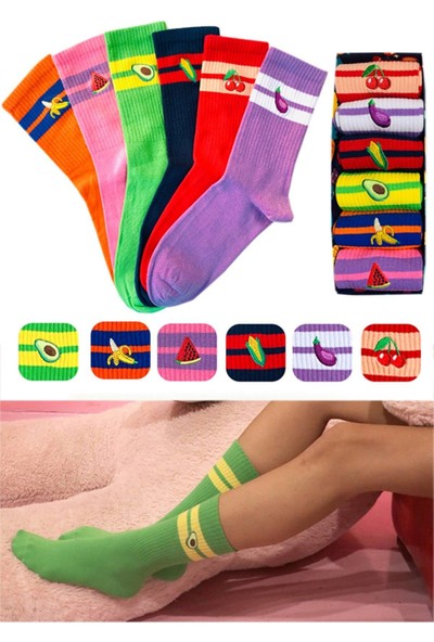Socks Stations Desenli Çorap ve Renkli Çorap Kutusu Patik Çorap-Nakışlı Çorap-Meyveli Çorap 6'lı Çorap Seti