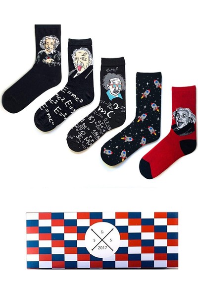 Socks Stations Einstein Desenli Şekilli Çorap - Renkli Desenli Çorap Kutusu 5'li Çorap Seti