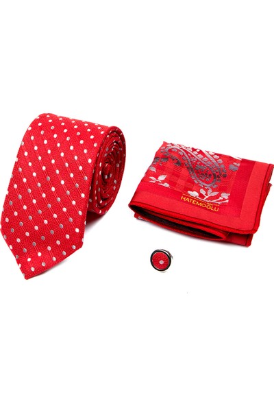 Hatemoğlu Kırmızı 3'lü Kravat Mendil Yaka Rozeti Set