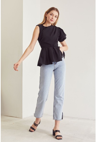 Lime Moda Tek Omuz Bluz-Siyah