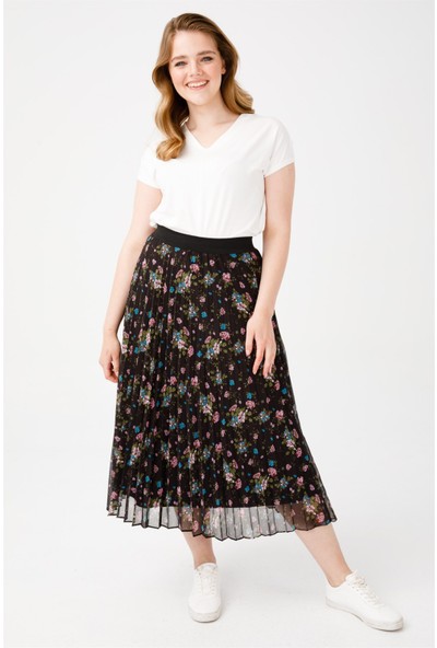 Piliseli Büyük Beden Şifon Etek - Siyah