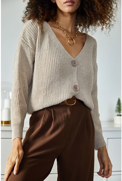 Xhan Sütlü Kahve V Yakalı Düğmeli Triko Hırka 1KZK3-11098-67 Xhan Sütlü Kahve V Yakalı Düğmeli Triko Hırka 1KZK3-11098-67