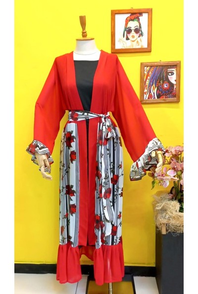 Markaşk - Kadın - Tasarım Standart Beden Çiçek Desenli Şifon Kimono -Kırmızı