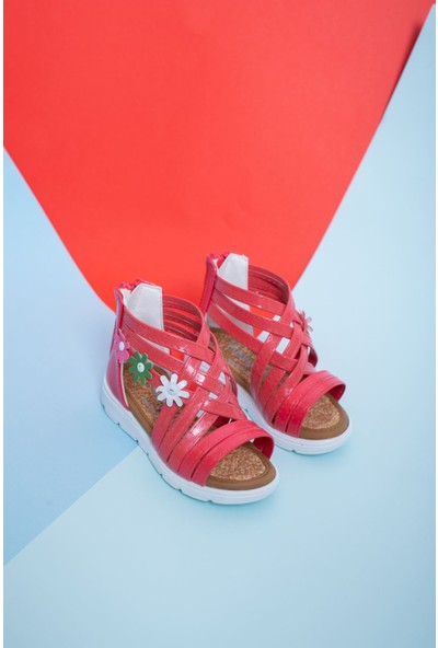 Jomoti Poli Taban Çiçekli Arkası Fermuarlı Mercan Bebe Sandalet