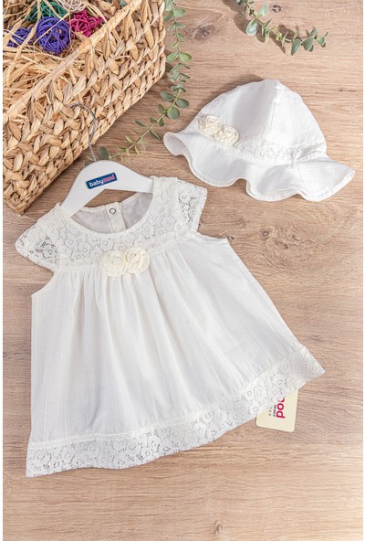 Güpür Detaylı Şapkalı Kız Bebek Yazlık Elbise