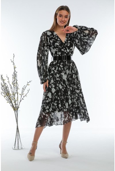 Jomoti Kemerli Desenli Midi Elbise