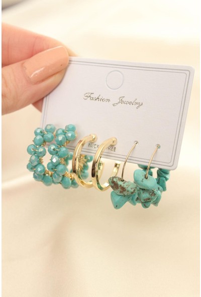 Clariss Turkuaz Renk Doğal Taş Detay Küpe Seti