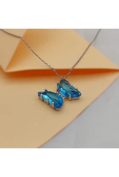 Gümüş Kolye Cam Kelebek Mavi Taşlı 925 Ayar