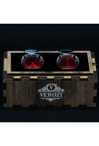 Verozi Kol Düğmesi - Oval Kırmızı Cam Taşlı Gümüş - Kdockg