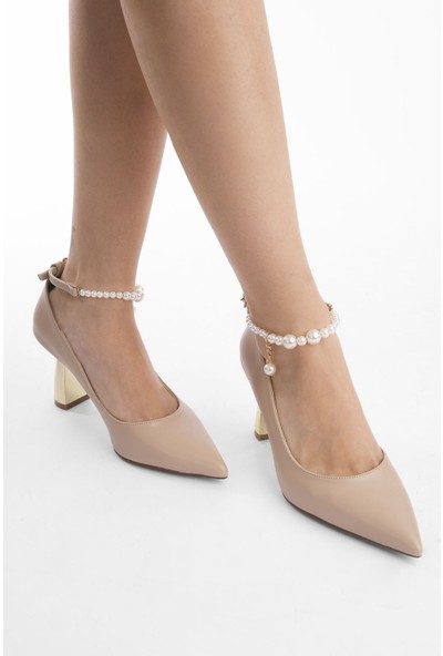 Marjin Kadın Stileto Bilekten Incili Sivri Burun Topuklu Ayakkabı Mesri