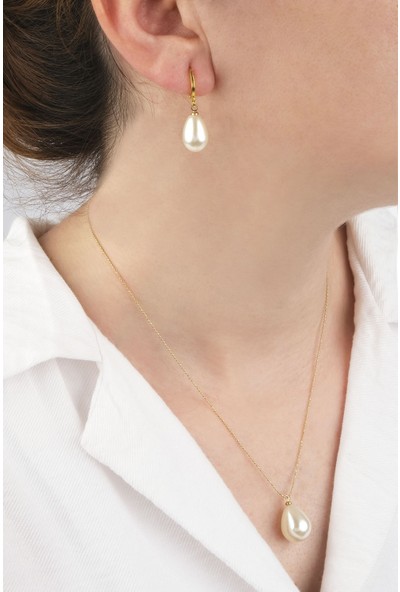 Marjin Kadın Incili Altın Renkli Kolye&küpe Ikili Set