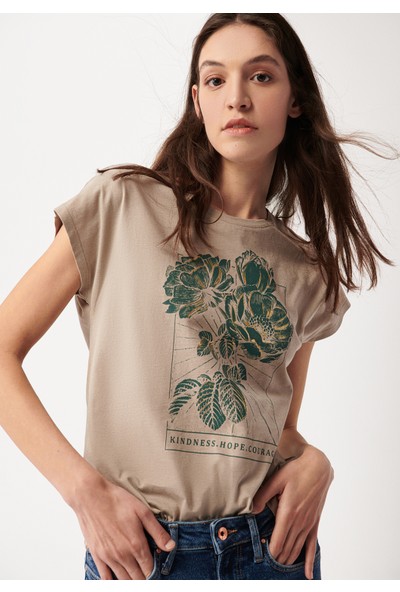 Mavi Çiçek Baskılı Haki Tişört