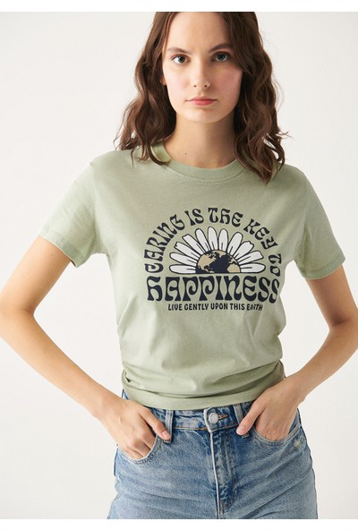 Mavi Happiness Baskılı Yeşil Tişört Mavi Happiness Baskılı Yeşil Tişört